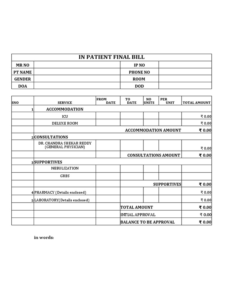 In Patient Final Bill: MR No Ip No PT Name Phone No Gender Room DOA DOD | PDF