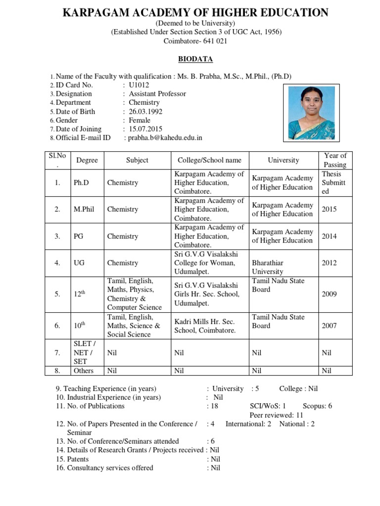Faculty Biodata of Ms. B. Prabha, Assistant Professor of Chemistry at ...