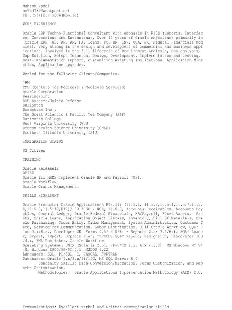 Senior Oracle Erp 11i R12 Consultant Pdf Oracle Database Accounts Payable