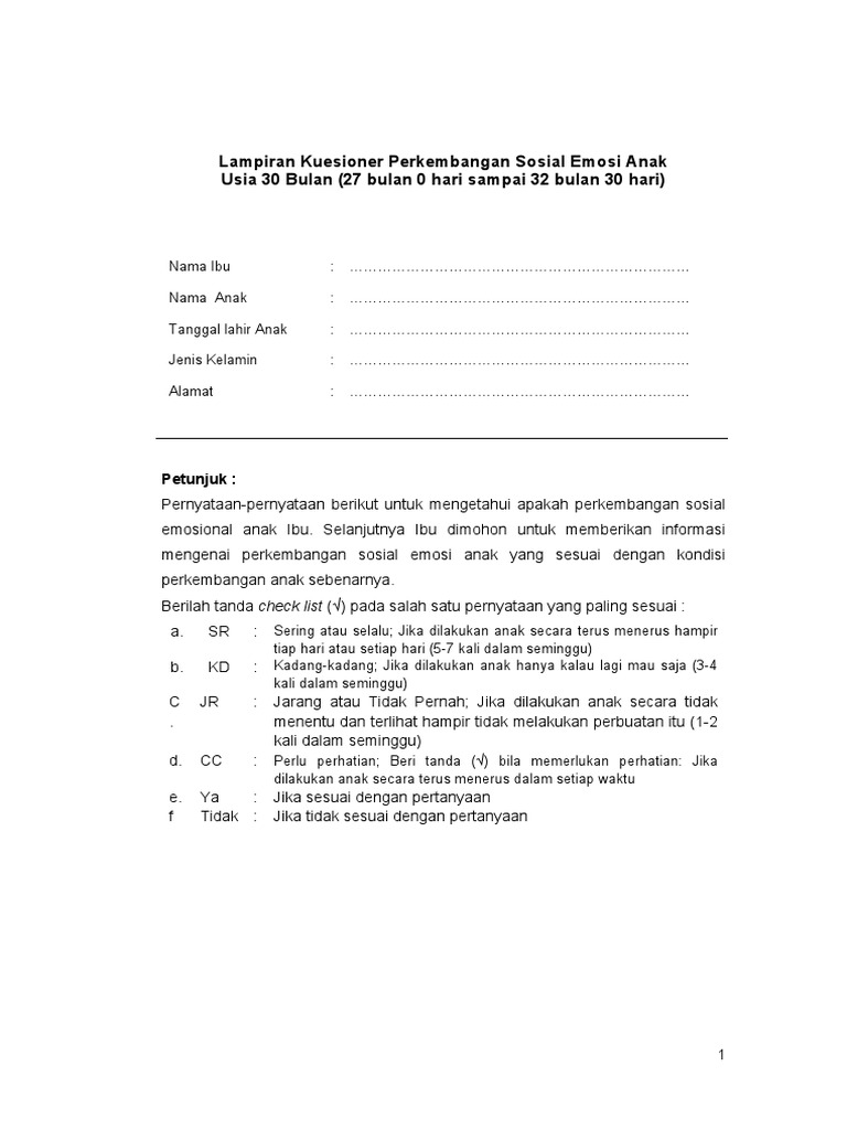 Kuesioner ASQ - SE2 - Usia 30 Bulan | PDF
