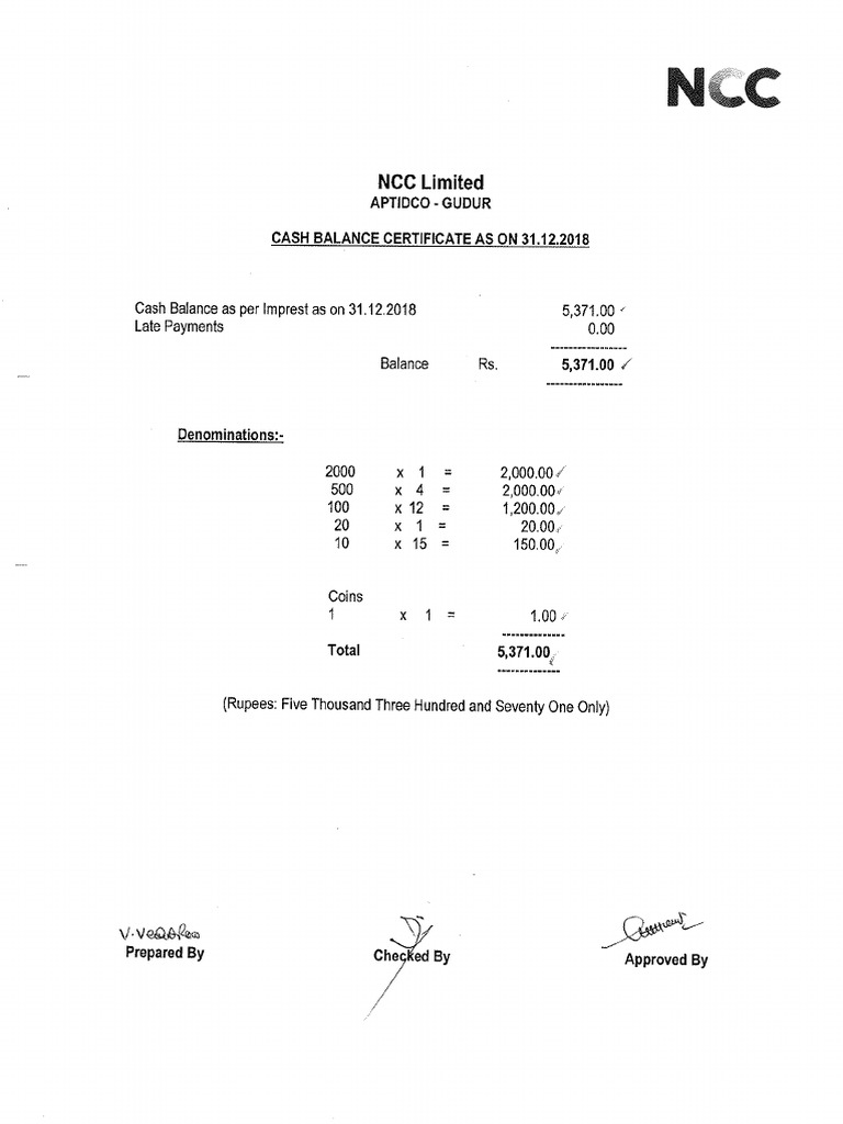 Cash Closing Balance Certificate | PDF