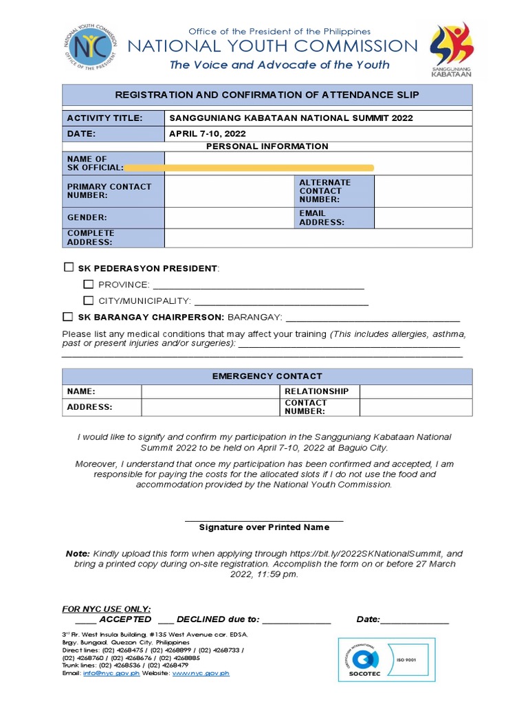 SK National Summit - Confirmation Slip | PDF | Youth | Youth Organizations