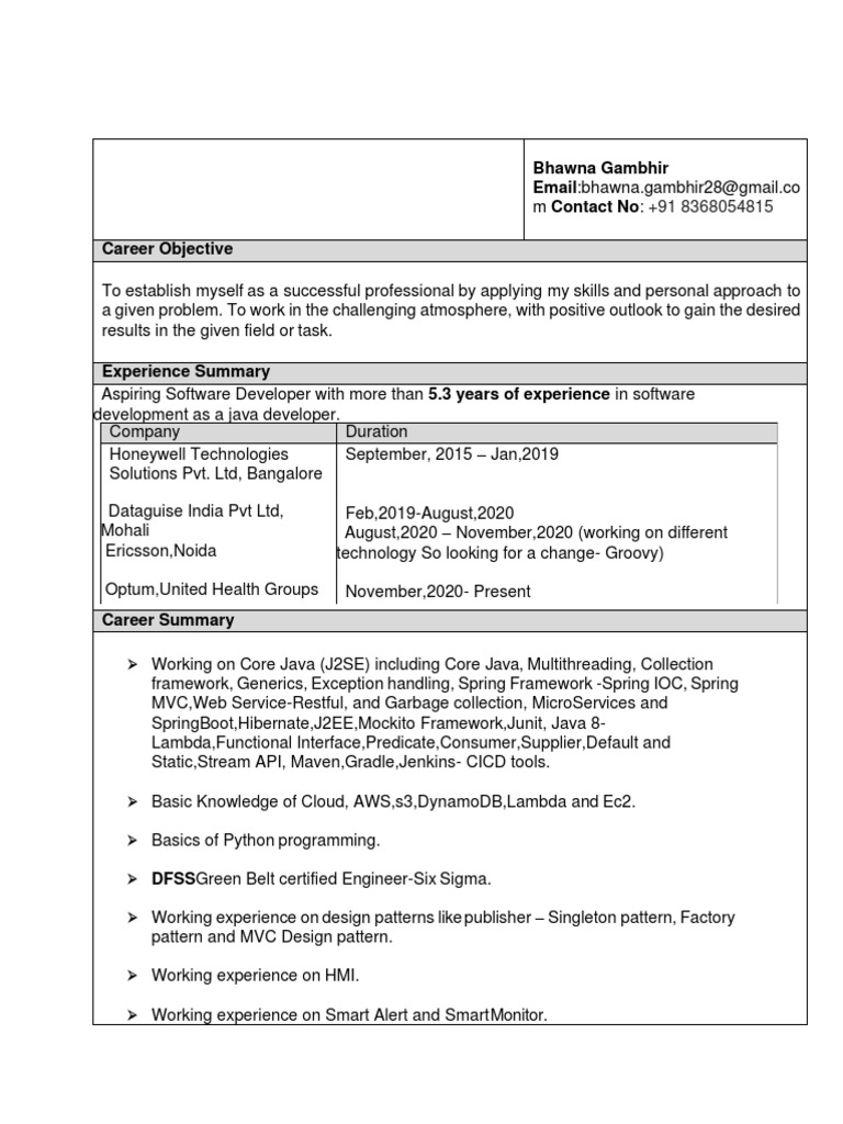 19cjybkp78btp0BhawnaGambhir JavaDeveloper Resume | PDF | Databases | Java (Programming Language)