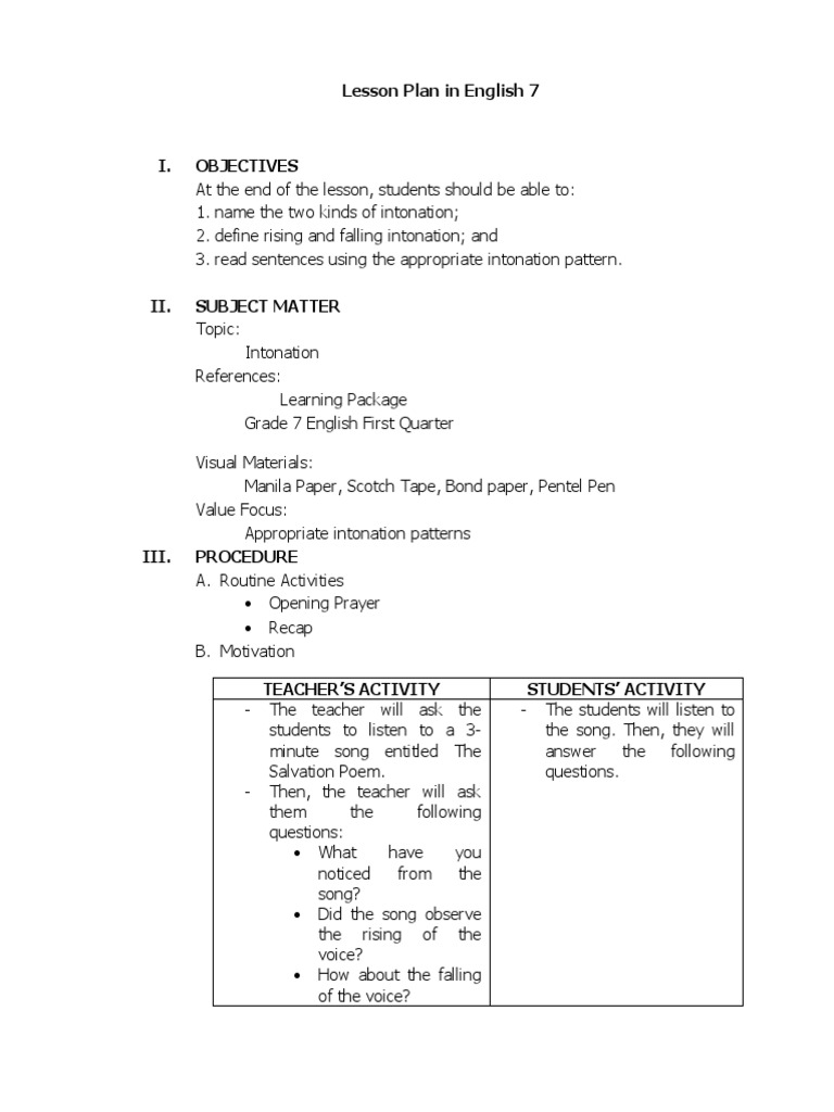 Lesson Plan - Intonation Sep 14 | PDF | Question | Sentence (Linguistics)