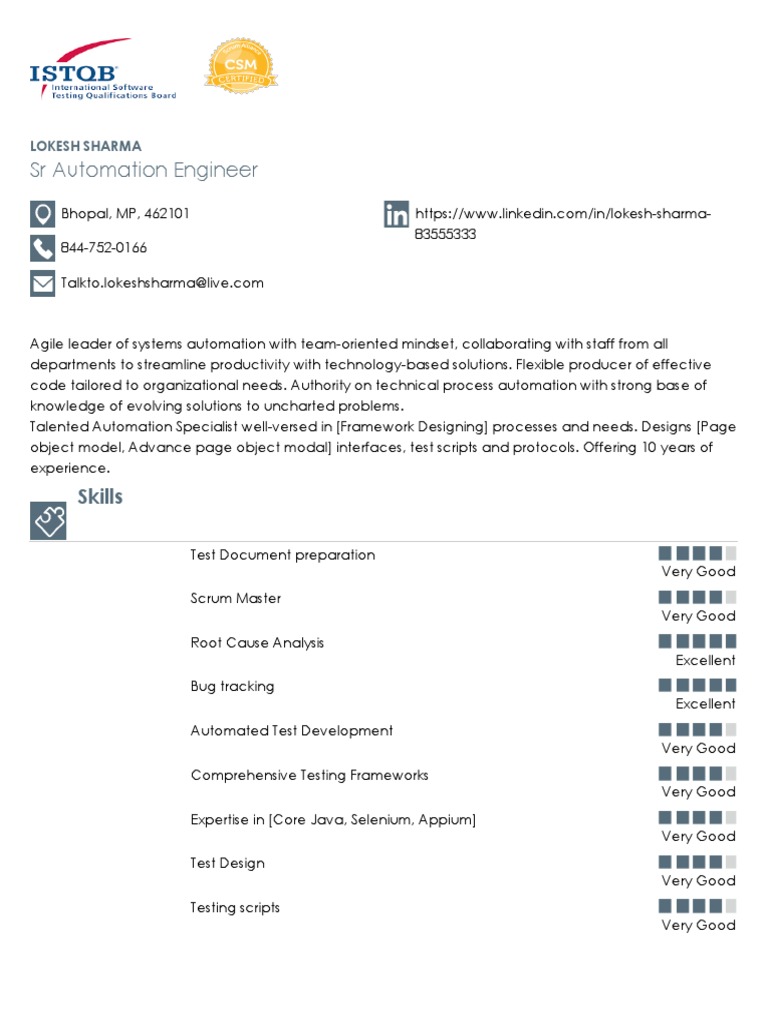 SR Automation Engineer: Skills | PDF | Automation | Software Development