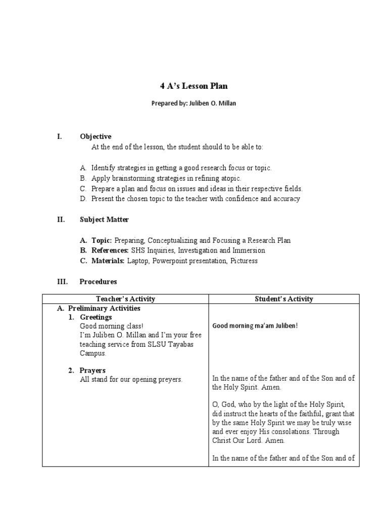 4 A's Lesson Plan: Prepared By: Juliben O. Millan | PDF | Brainstorming ...