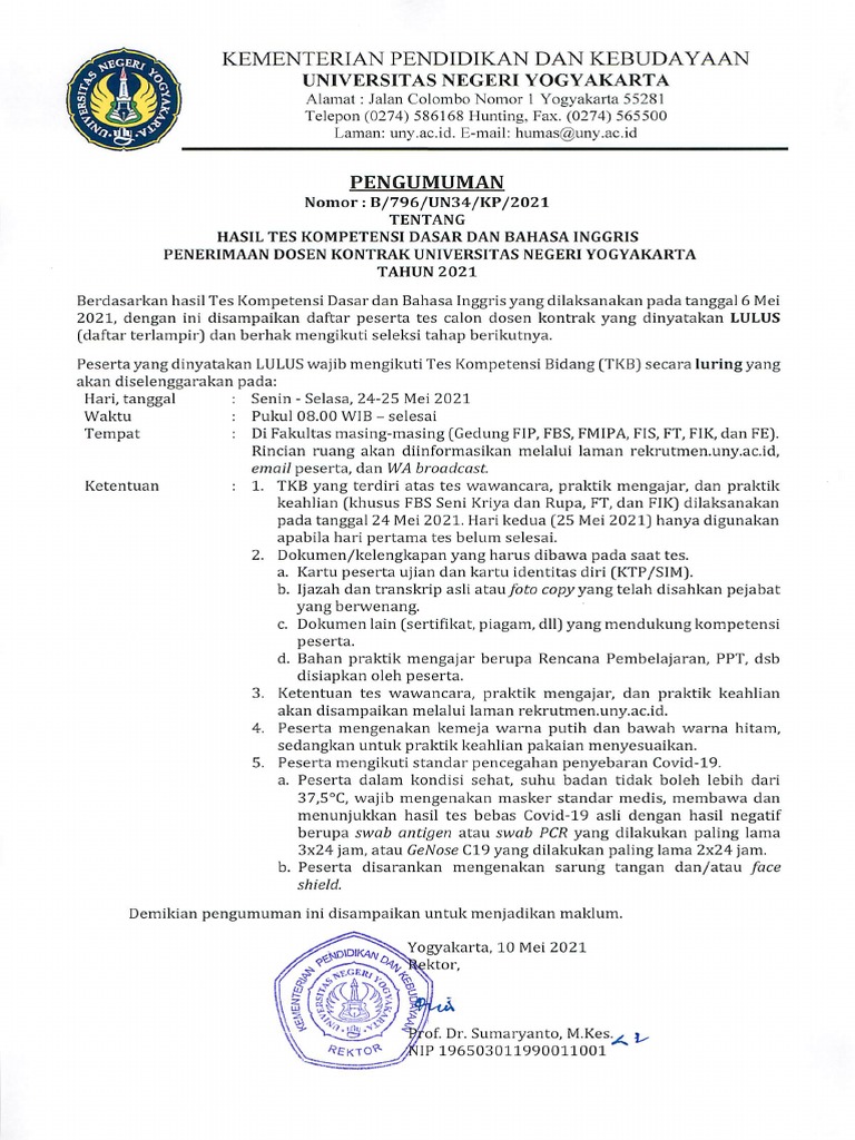 Pengumuman Nomor B - 796 Tahun 2021 Hasil SKD 2021 | PDF
