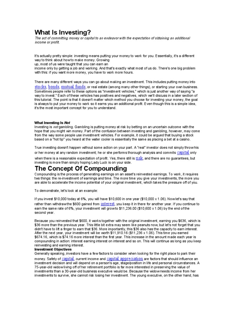 What Is Investing?: Stocks Bonds Mutual Funds | PDF | Stocks | Bonds ...