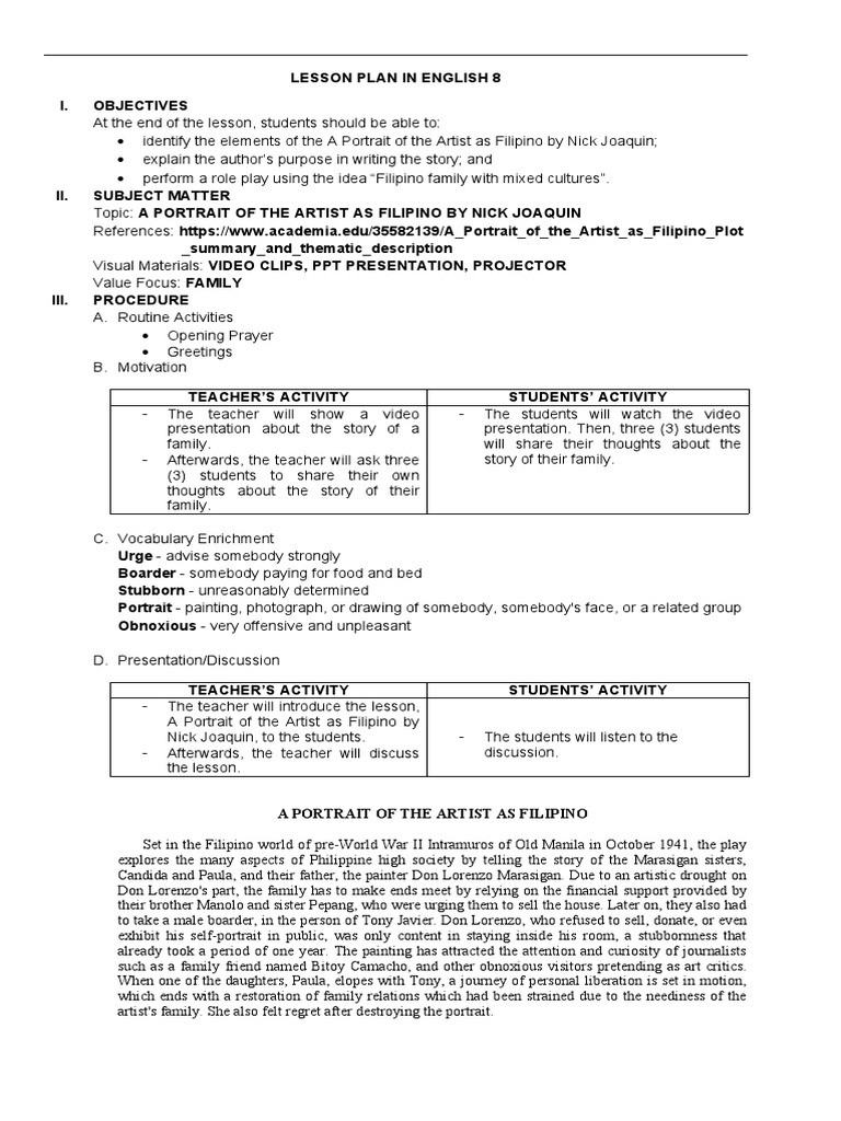LESSON PLAN Portrait | PDF