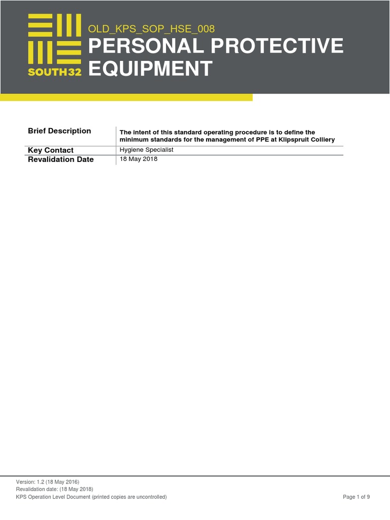 Old - KPS - Sop - Hse - 008 Personal Protective Equipment V1.2 | PDF ...
