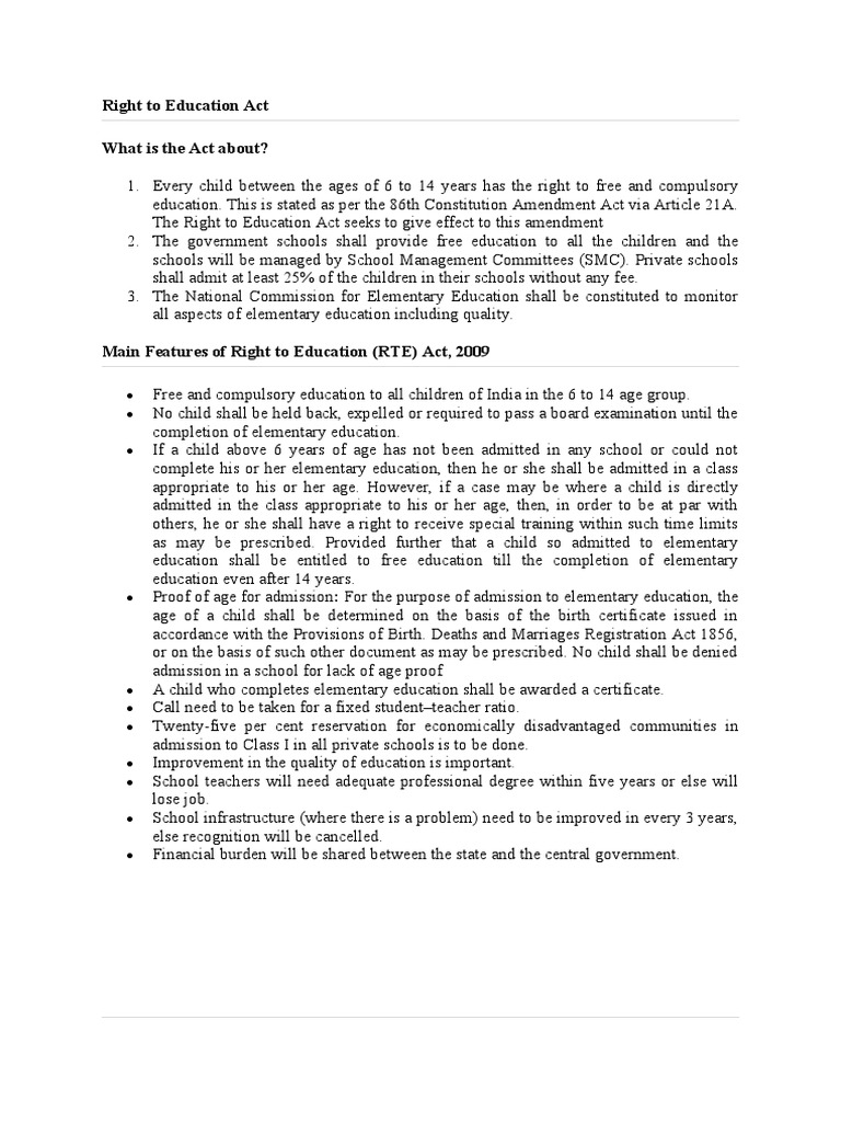 Right to Education Act 2009 Overview | PDF | Justice | Crime & Violence