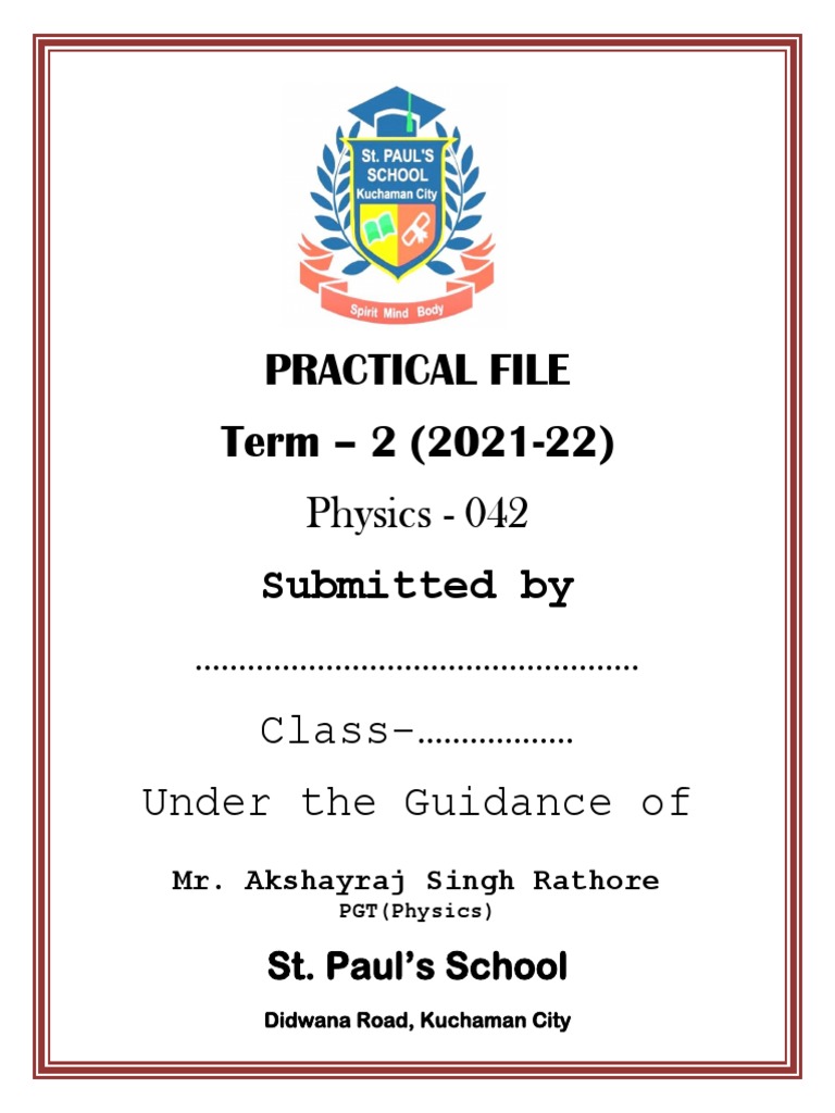 Front Page of Practical File 2021-22 - Physics | PDF