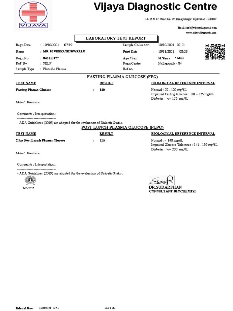 Vijaya Diagnostic Sugar Test Report | PDF | Diabetes | Endocrine