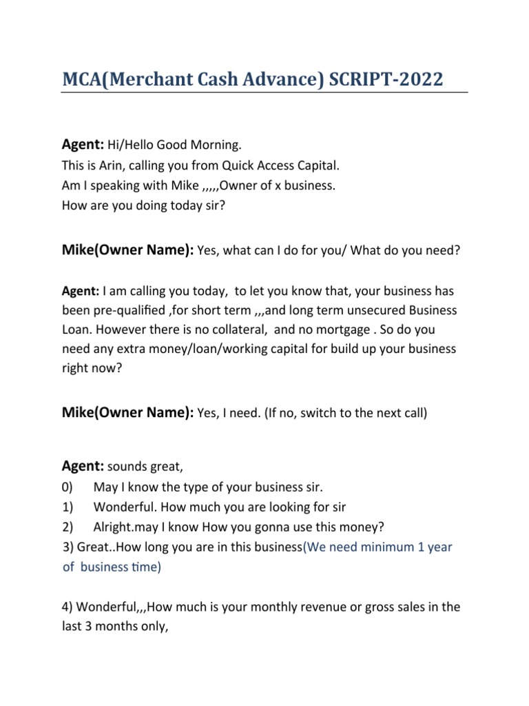 MCA (Merchant Cash Advance) SCRIPT-2022: Agent | PDF