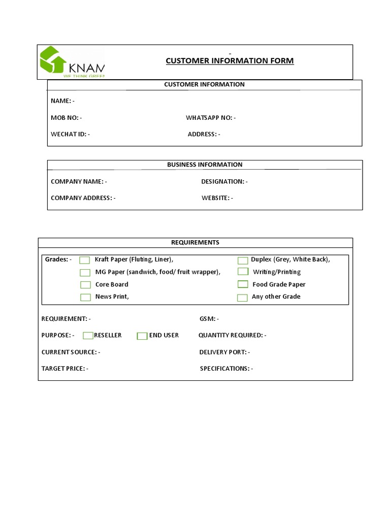 Customer Information & Paper Requirements Form | PDF