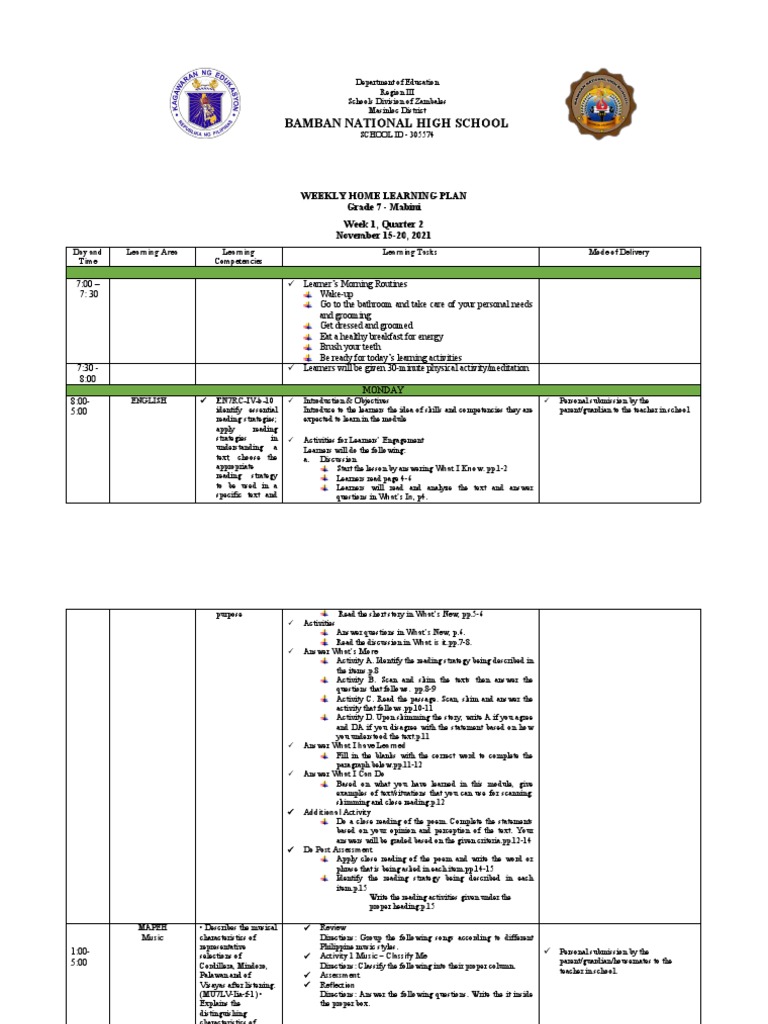 Quarter 2, Week 1 - 2021-2022 | PDF | Teachers | Learning