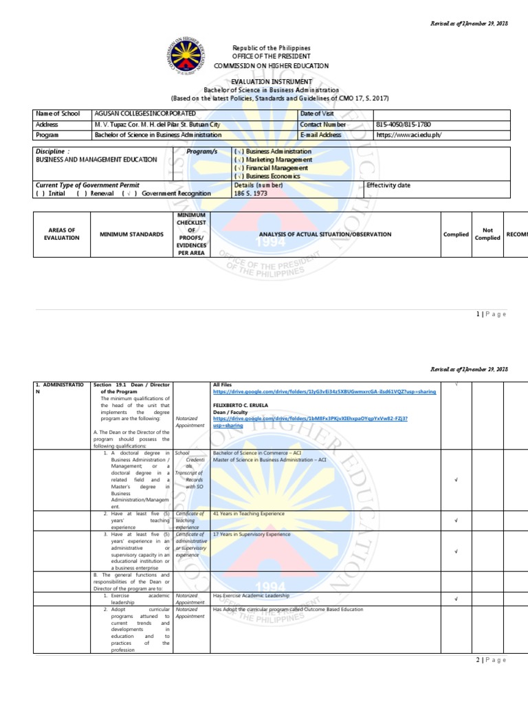 BSBA Self Assessment Monitoring | Download Free PDF | Academic Degree ...