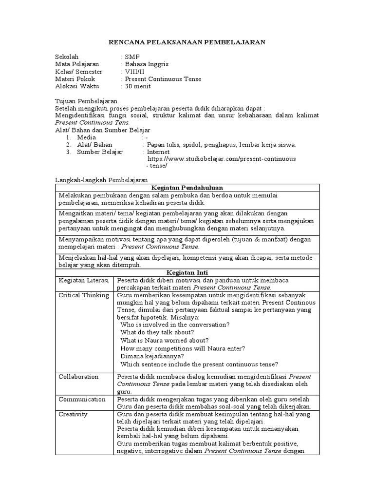 RPP - Irma Rohmawati - Present Continuous Tense | PDF