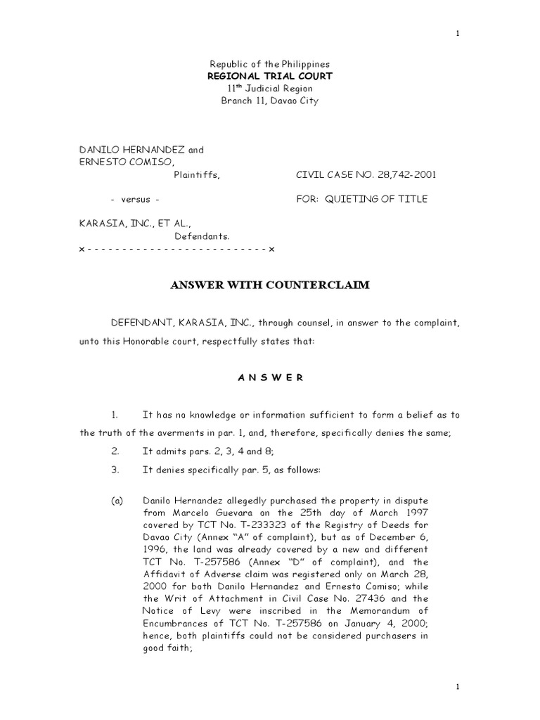 Answer With Counterclaim: Regional Trial Court | PDF | Lawsuit | Civil ...