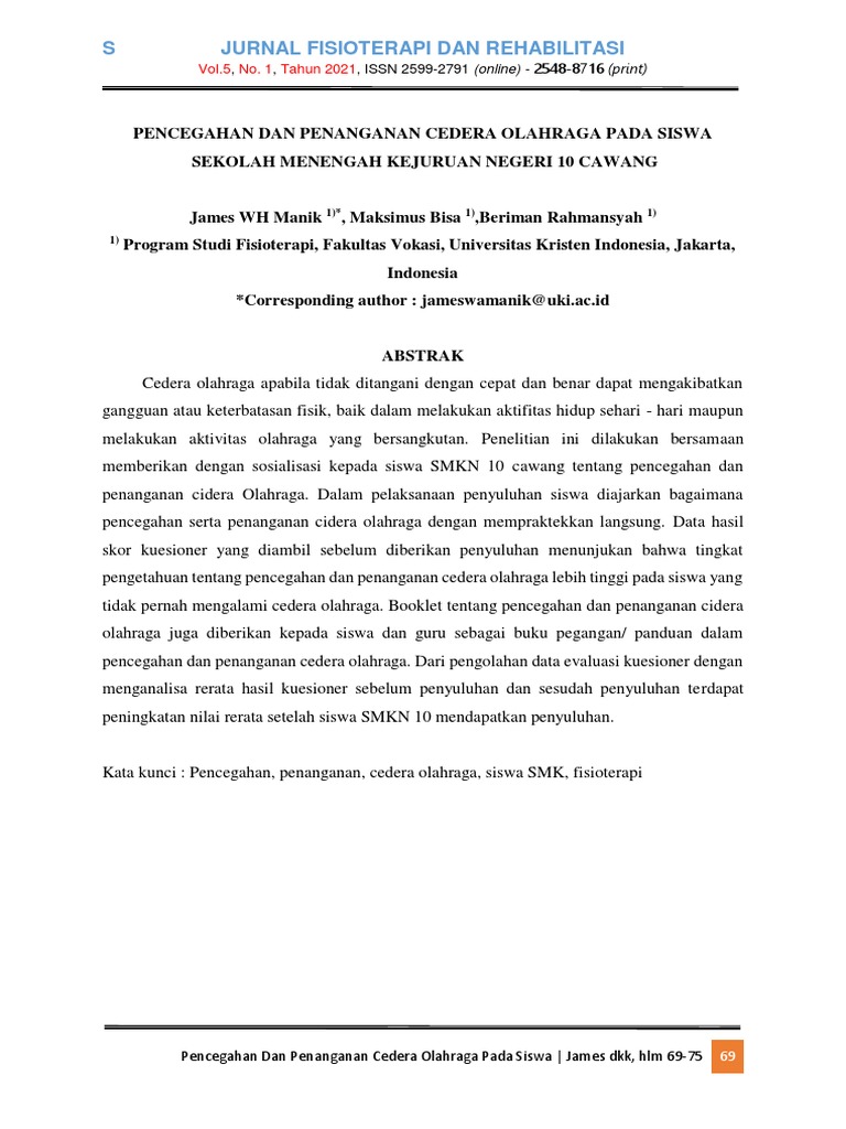 S Jurnal Fisioterapi Dan Rehabilitasi: Vol.5 No. 1 Tahun 2021 | PDF
