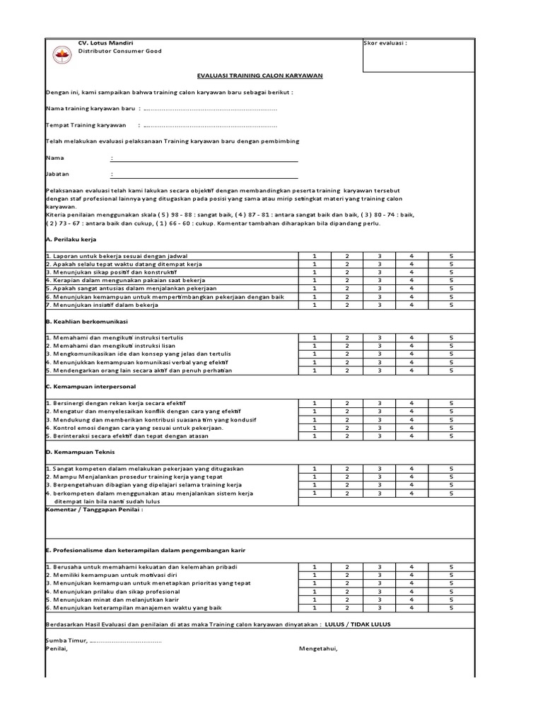 Form Evaluasi Training Calon Karyawan Baru | PDF