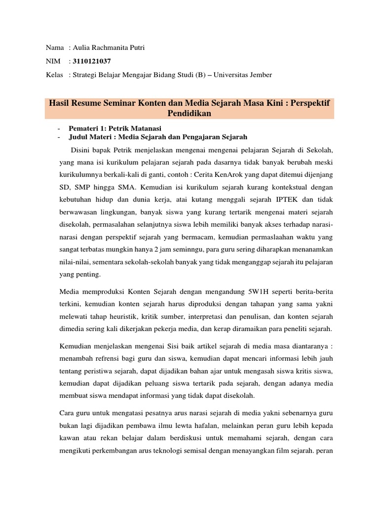 Resume Seminar - Aulia Rachmanita Putri | PDF | Ilmu Sosial | Seni