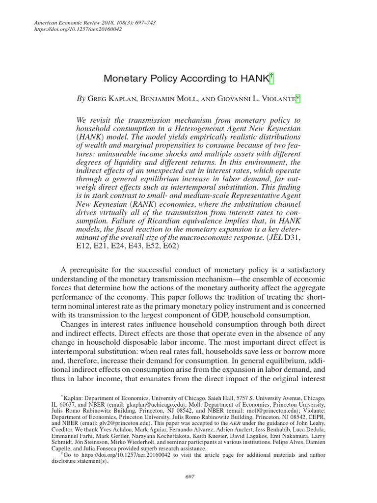 Kaplan Moll Violante 2018 AER Monetary Policy According To HANK | PDF ...