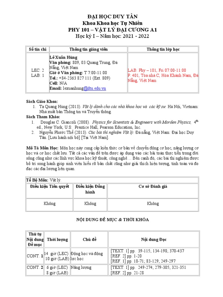 PHY 101 - Vat Ly Dai Cuong A1 - 2020S - Syllabus Vi | PDF