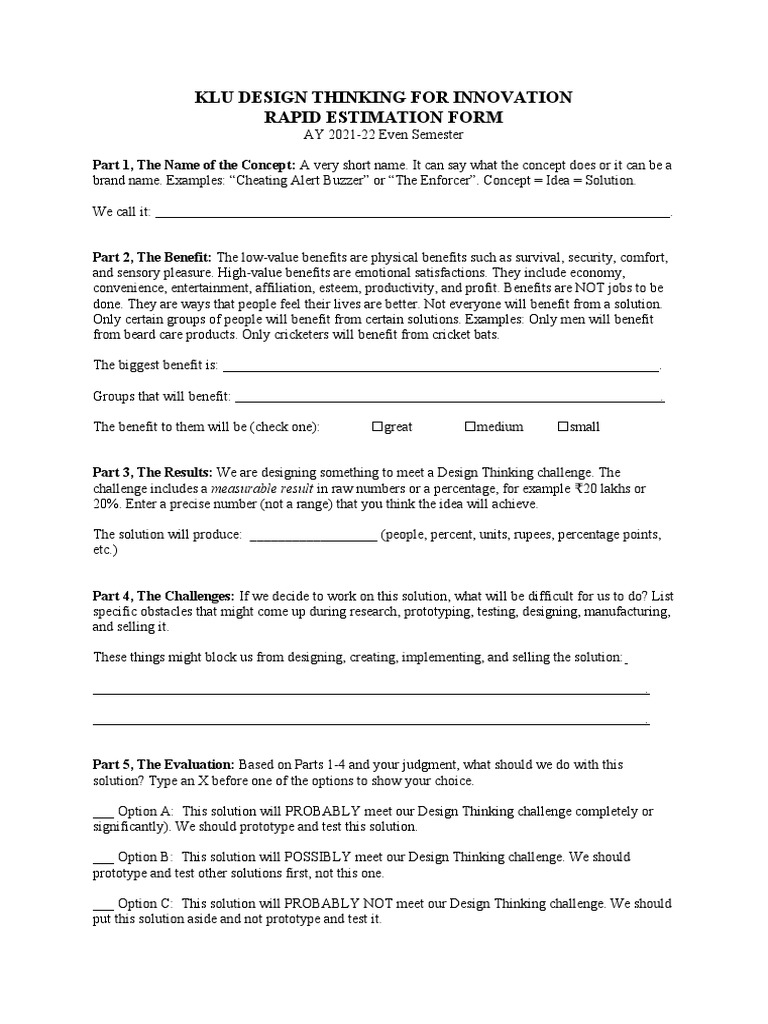 KLU Rapid Estimation Form | PDF | Design Thinking | Business