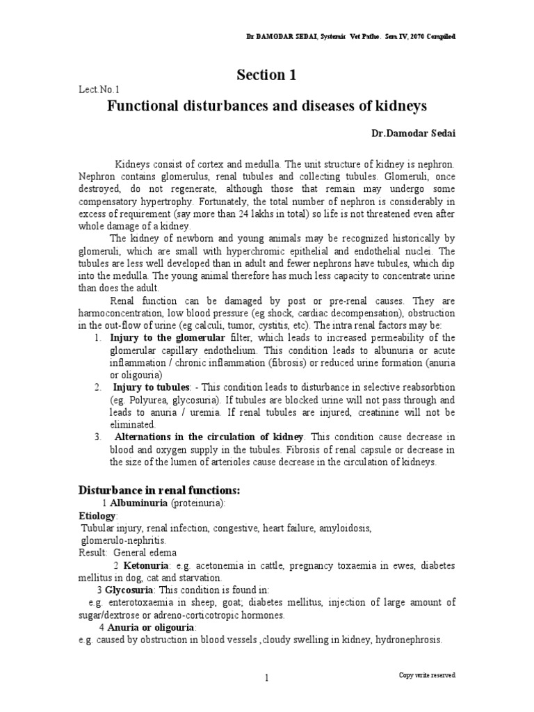 Section 1 Functional Disturbances and Diseases of Kidneys: DR - Damodar ...