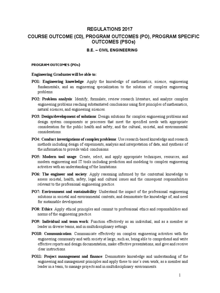 Regulations 2017 Course Outcome (C0), Program Outcomes (Po), Program ...
