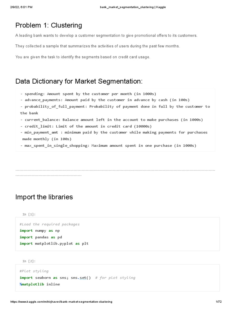 Bank Market Segmentation Clustering Kaggle | PDF