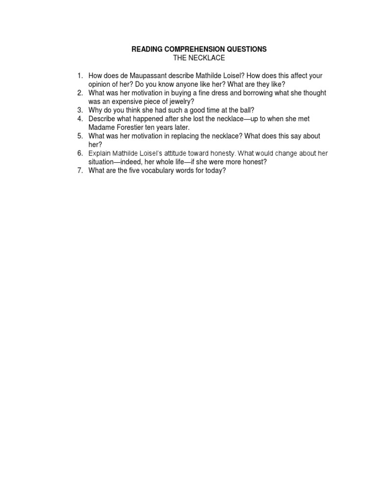 The Necklace (Reading Comprehension) | PDF | Social Science | Self ...
