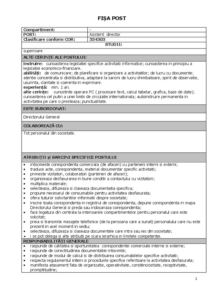 Fisa Post Asistent Director | PDF