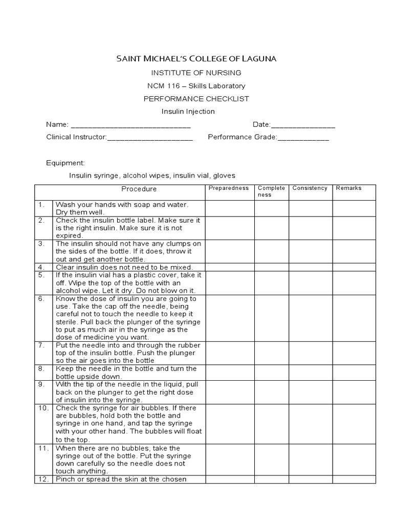 Checklist For Insulin Injection | PDF | Syringe | Injection (Medicine)