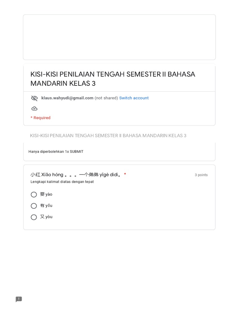 Kisi-Kisi Penilaian Tengah Semester Ii Bahasa Mandarin Kelas 3 | PDF