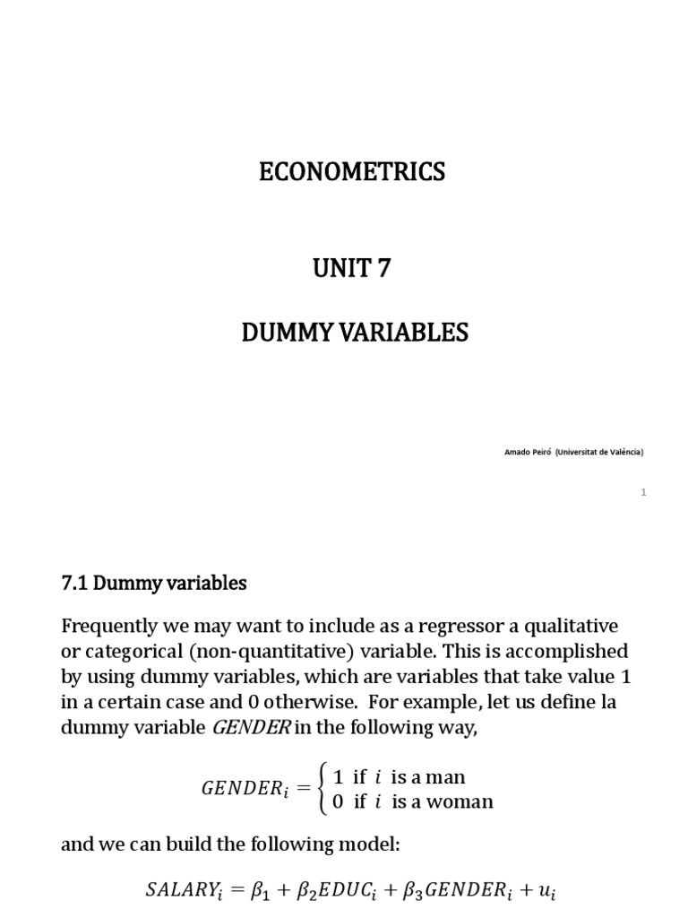 Econometrics Unit 7 Dummy Variables: Amado Peiró (Universitat de ...