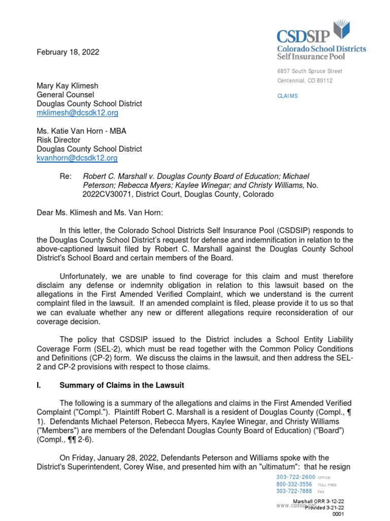 Marshall v. Douglas County Board of Education Insurance Denial Letter | PDF | Liability ...