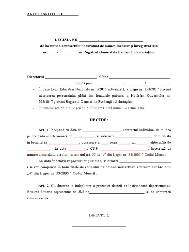 1.8 - Model Decizie Incetare Contract de Munca | PDF