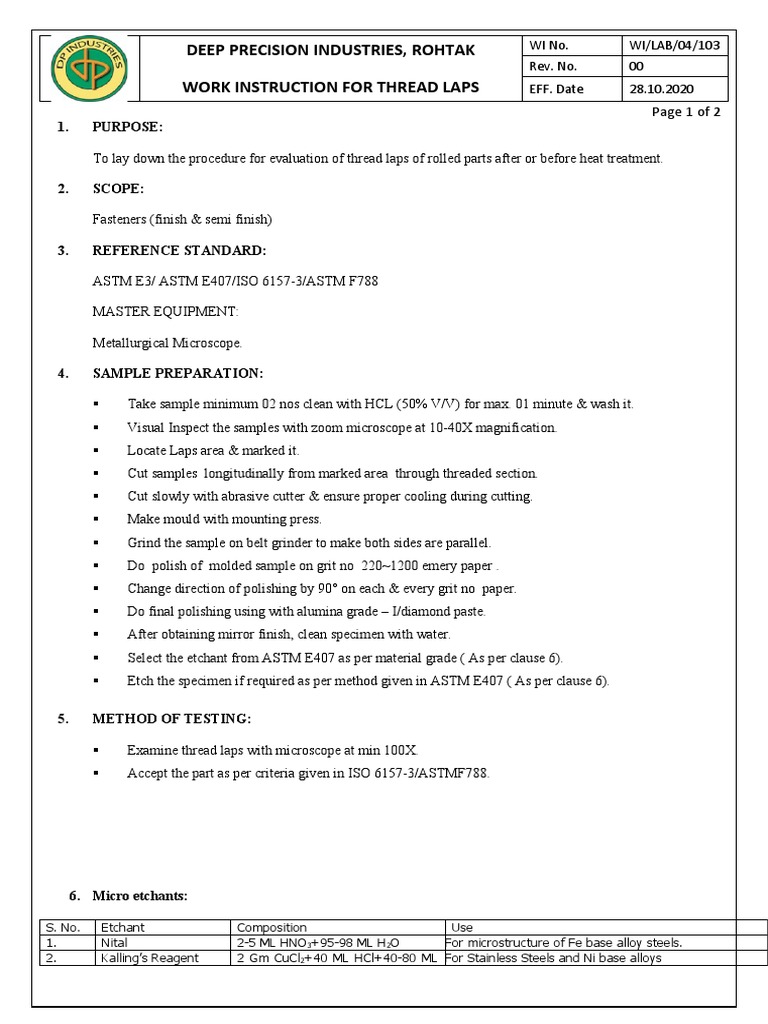 Deep Precision Industries, Rohtak Work Instruction For Thread Laps ...