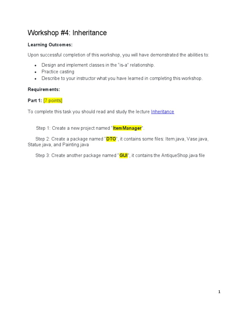 Workshop 4 Inheritance And Polymorphism Pdf Java Programming Language Inheritance