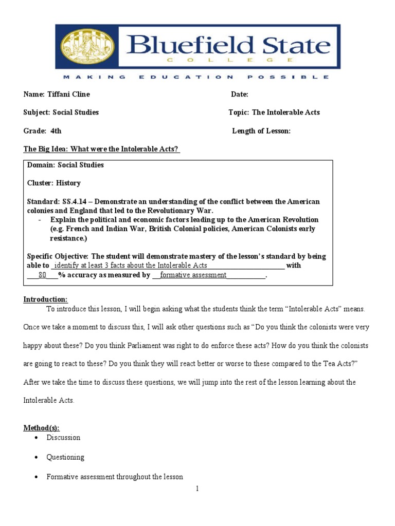 Intolerable Acts Lesson Plan | PDF