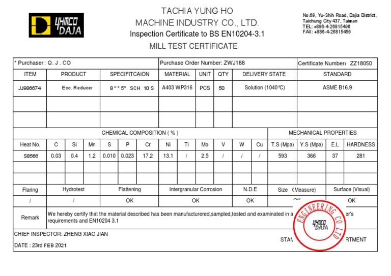 Inspection Certificate To BS EN10204-3.1 | PDF