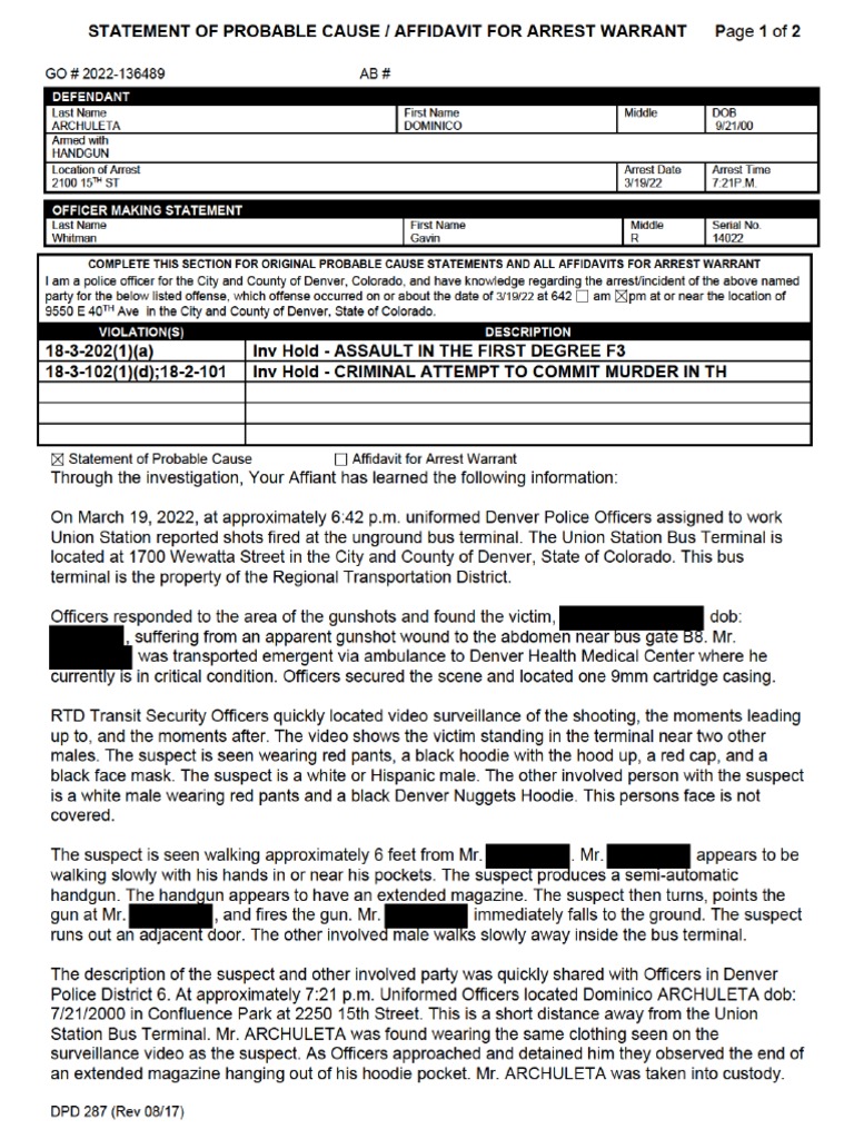 Dominico Archuleta Probable Cause Statement | PDF
