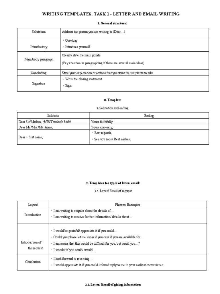 Writing Templates. Task 1 - Letter and Email Writing: I. General ...