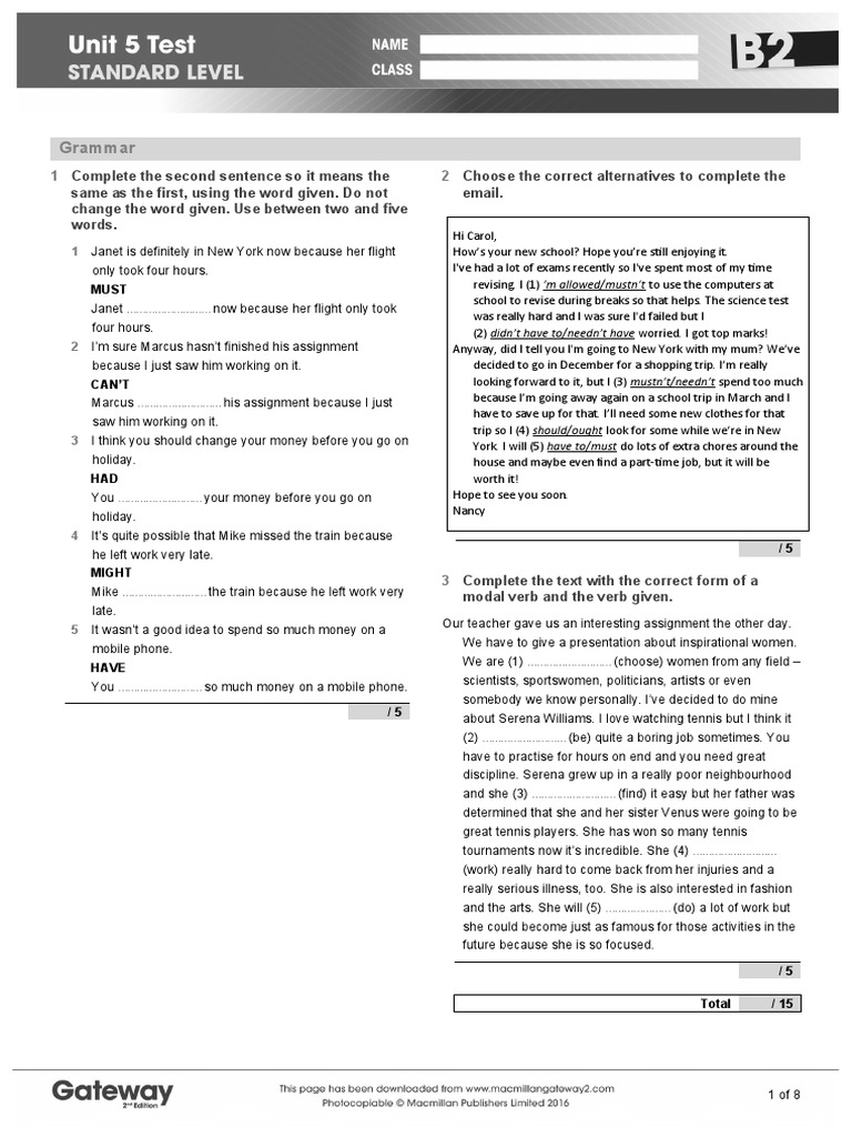 B2 UNIT 5 Test Standard | PDF