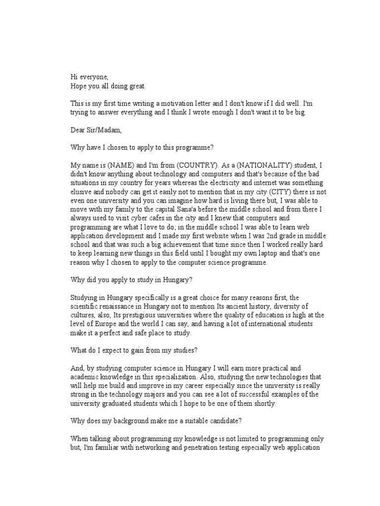 A Motivation Letter for a Computer Science Program in Hungary from a ...