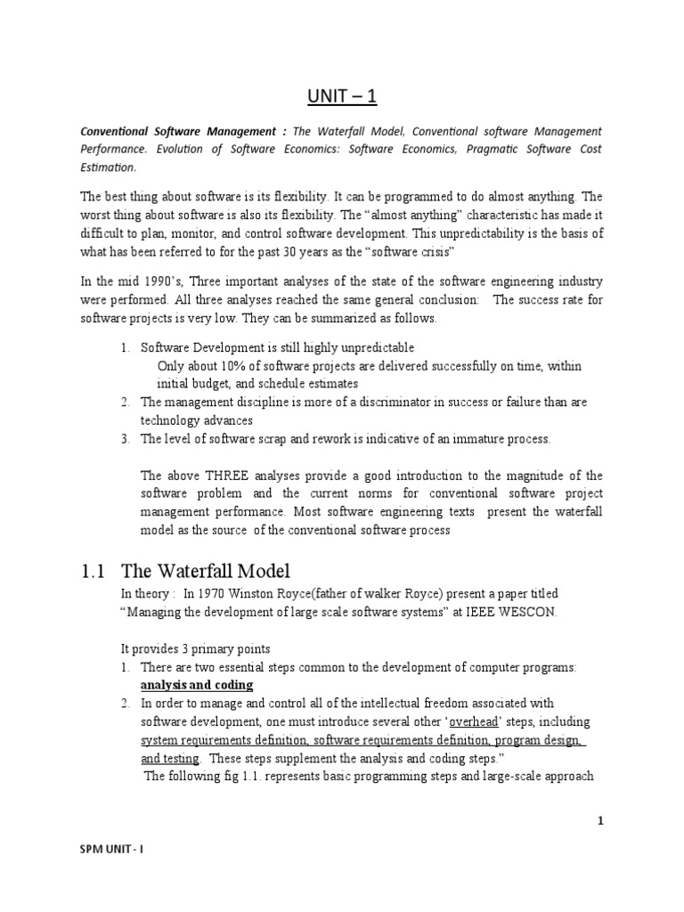 Unit - 1: Conventional Software Management: The Waterfall Model ...