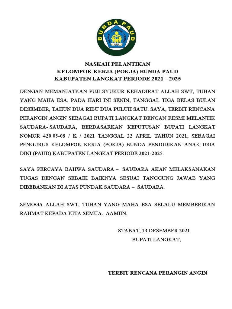 Naskah Pelantikan Kelompok Kerja Bunda PAUD | PDF