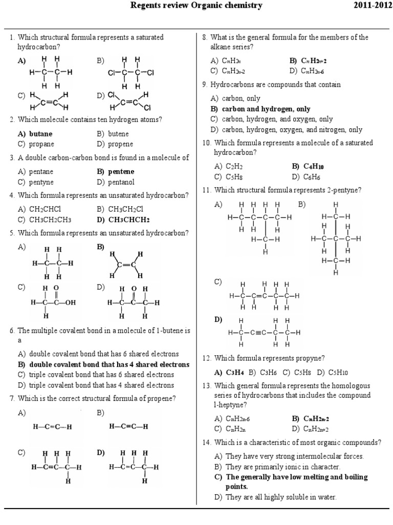 Regents Review Organic Chemistry Key | PDF | Molecules | Alcohol
